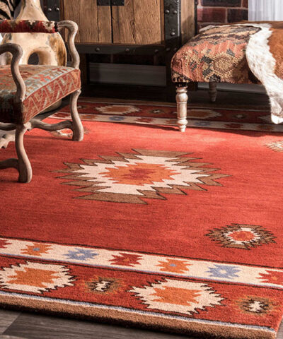Red Southwestern Wool Area Rug with Southwest Geometric Pattern
